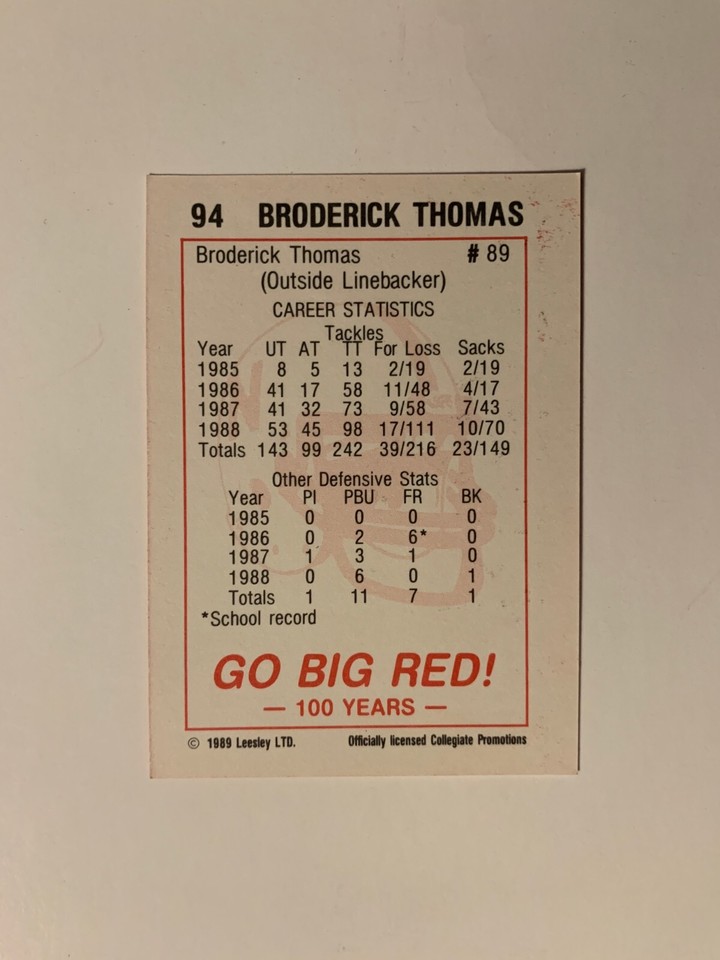 1989 Leesley Nebraska 100th #94 BRODERICK THOMAS, BARRY SANDERS Go Big ...