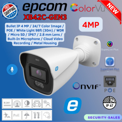 Epcom XB42C-GEN3 Camera IP Bullet 4MP (2K) 2.8mm Lens IR 98ft Mic PoE ...