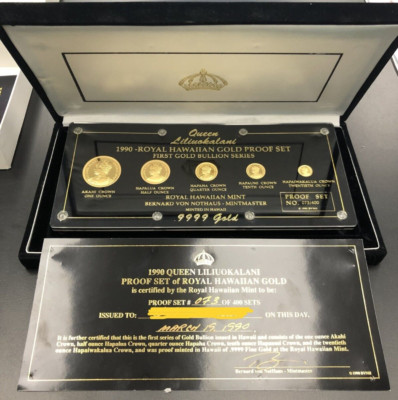 1990 Royal Hawaiian 5 Coin Proof Gold Set ~ Queen Liliuokalani 1.9ozt ...