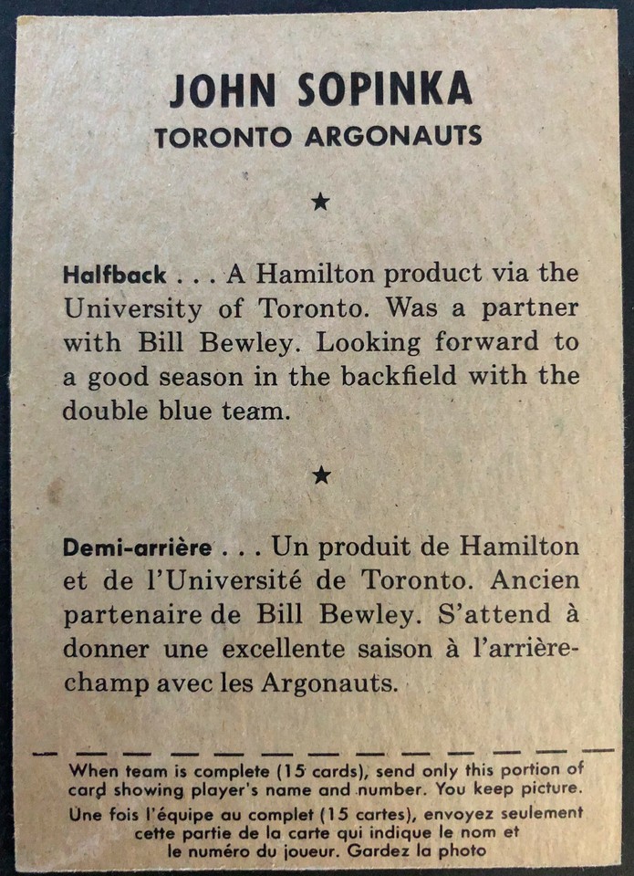 1956 Nabisco Shredded Wheat CFL Football #10E John Sopinka Toronto ...