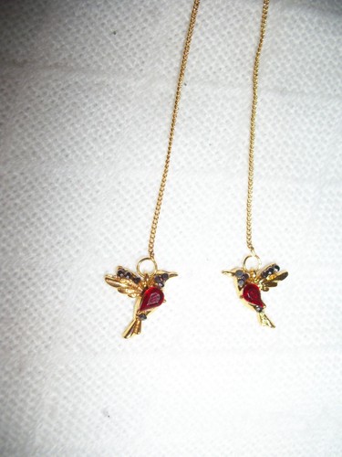 HUMMINGBIRD EAR THREADER DROP EARRINGS RED CZ STONES GOLD PLATED 3.5 ...