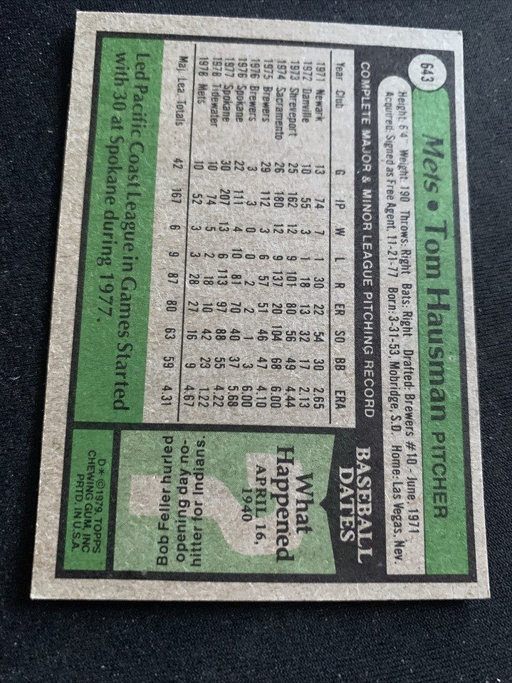 1979 Topps Baseball Card #643 Tom Hausman New York Mets NmMt Free ...