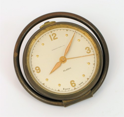 VINTAGE WRIGHT KAY & CO BRONZE TRAVEL DESK ALARM CLOCK SWISS 8 DAY ART ...