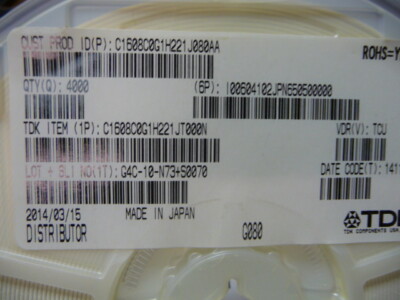 TDK Corporation C1608C0G1H221J080AA Qty of 650 per Lot CAP CER 220PF ...