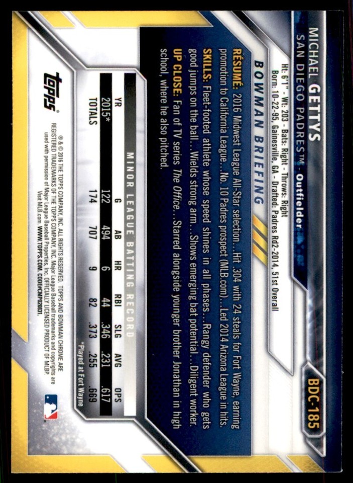 2016 Bowman 1st Chrome Draft Michael Gettys Baseball Cards #BDC-185 | eBay