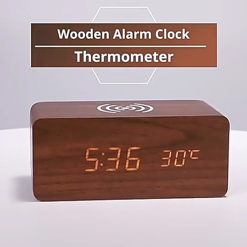 LED Wooden Digital Bedside Alarm Clock Qi Wireless Charging USB Battery ...