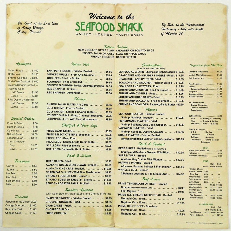 1970's Vintage Large Menu SEAFOOD SHACK Restaurant Yacht Basin Galley ...