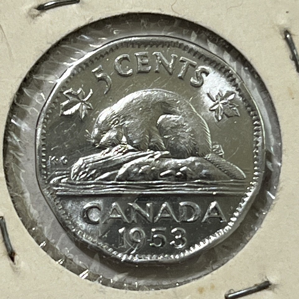 1953 CANADA 5 CENTS NICKEL AU, BEAVER QUEEN ELIZABETH II QEII QE2 ...
