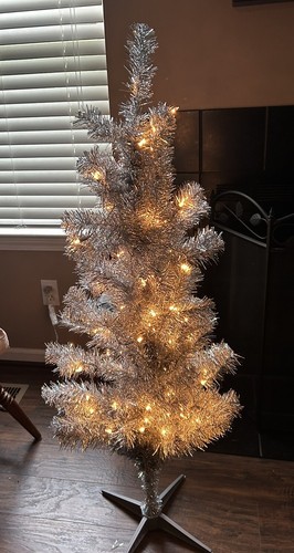 4 FT PRE-LIT TINSEL aluminum CHRISTMAS TREE & METAL STAND / ROSE GOLD ...