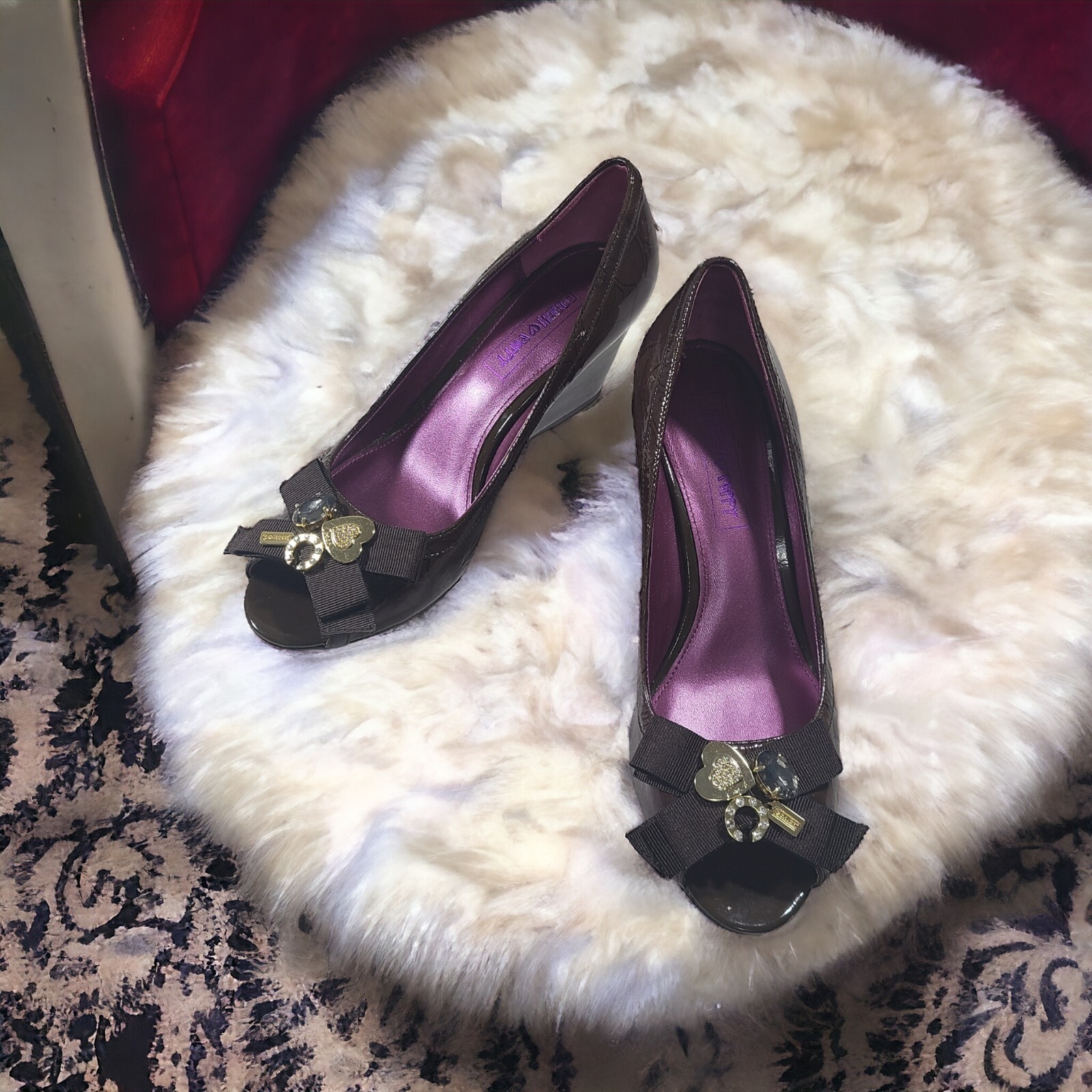 Coach Poppy Jaden Brown Patent Wedge Peep Toe Logo Ch… - Gem