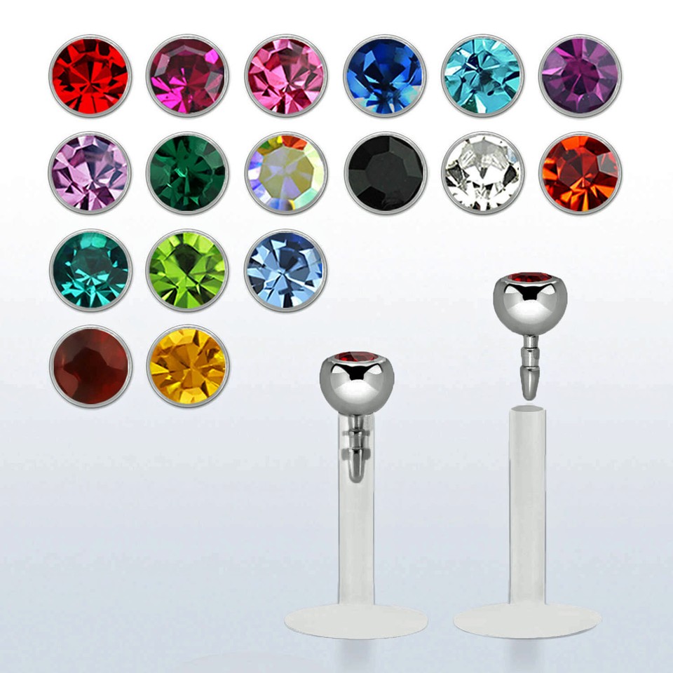 Bio-Flex Push-In Surgical Steel Press Fit Gem Top Labret Tragus 16G 1/4 ...