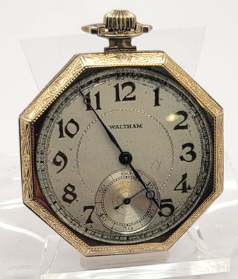 Vintage Waltham Octagon Case 14K Solid White Gold Engraved Stag Pocket ...