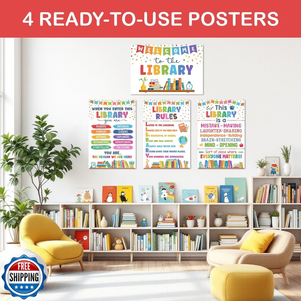 Lalunia 4 Pcs Library Rules Poster (11"x16") - Classroom Library ...