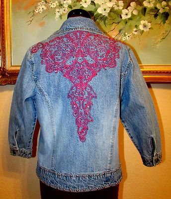 UNIQUE CATTLELAC RANCH SZ M STUDDED PINK EMBROIDERED DENIM SHIRT/JACKET ...