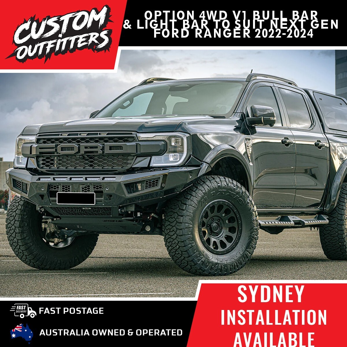 Option V1 Black Premium Steel Bull Bar to suit Next Gen Ford Ranger ...