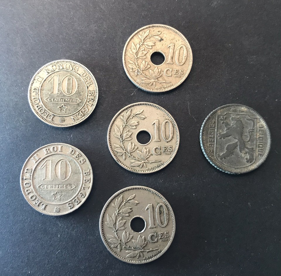 Lot of 6 Belgium 10 Ces Coins 1894, 1904, 1927, 1942 Leopold II, Albert ...