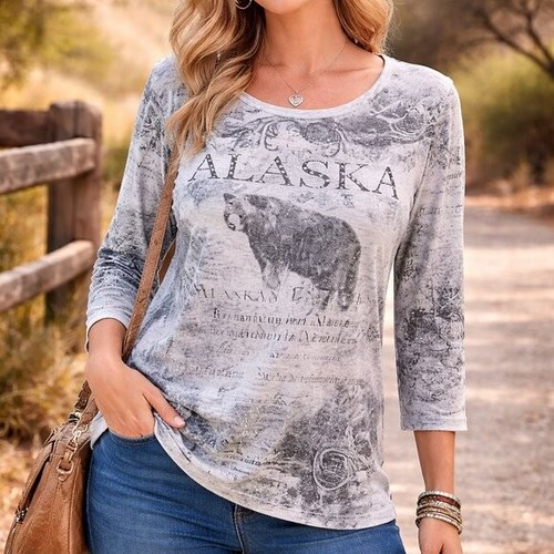 Creative Apparel Alaska Graphic Bling Top 3/4 Sleeve Size XL 90s Y2K ...