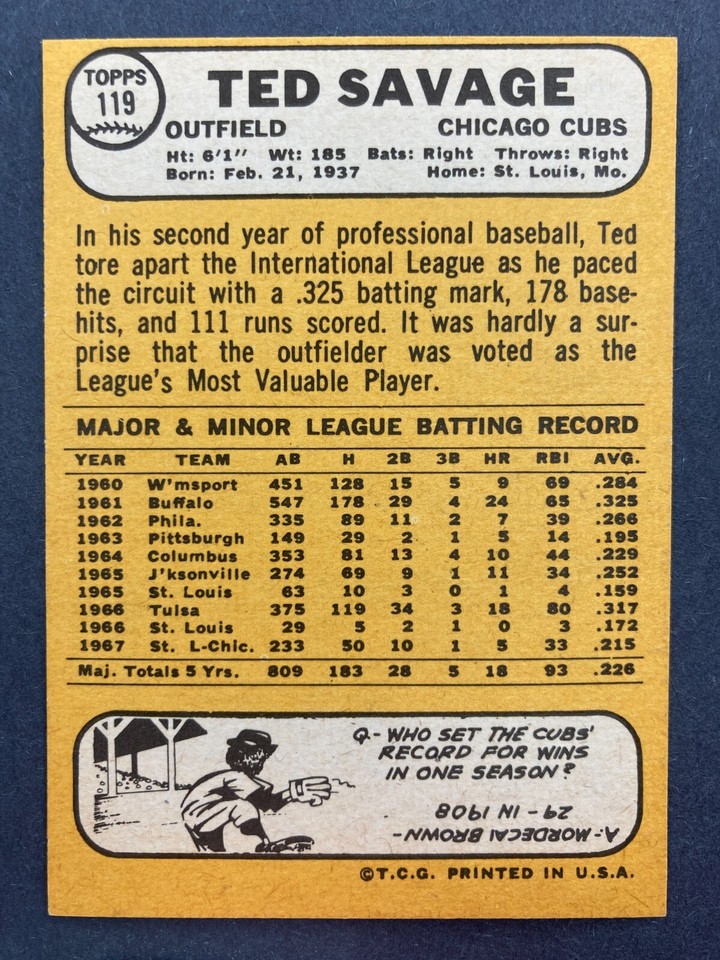 1968 Topps #119 Ted Savage (Chicago Cubs) | eBay