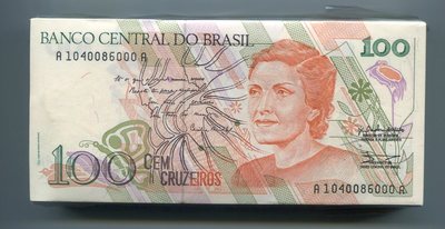 Brasil 100 Cruzeiros 1990 P228 Banknote Money Unc 10 Note Lot A Prefix ...