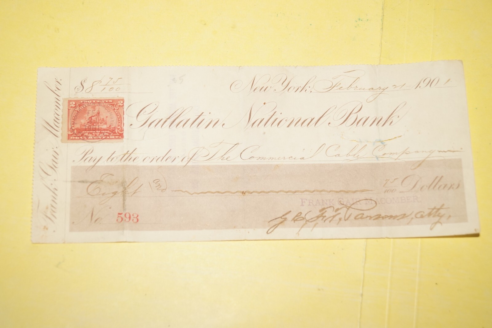 Gallatin National Bank Check Dated 1901New York City | eBay
