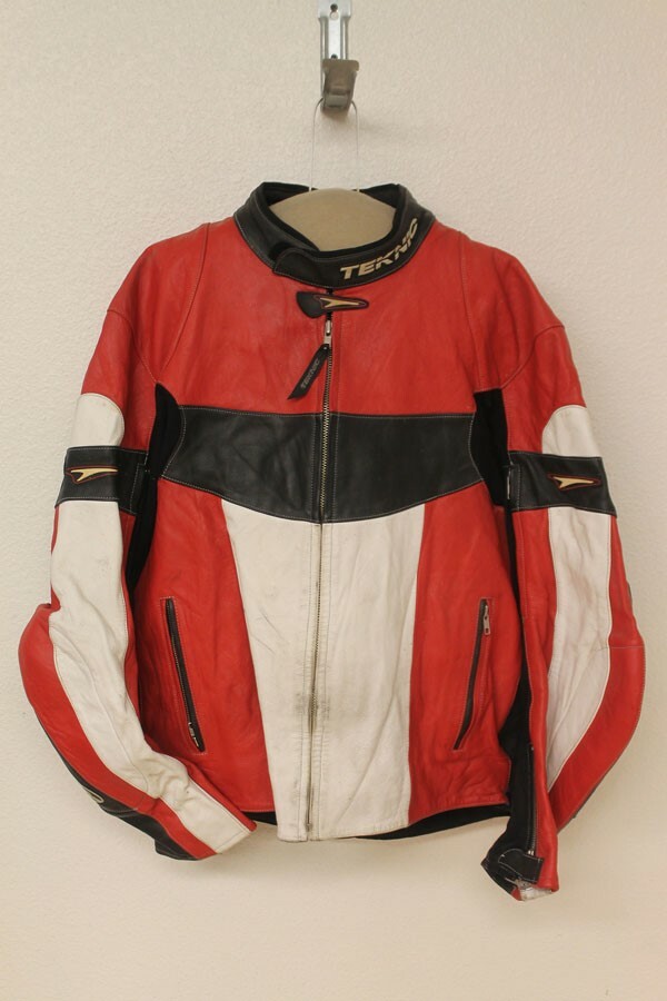 MENS TEKNIC RED LEATHER ARMORED CRASH PROTECTION MOTORCYCLE RACING ...