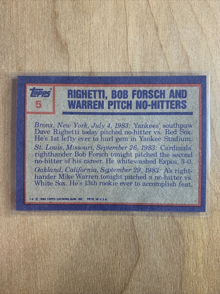 1984 Topps Baseball Dave Righetti Bob Forsch Mike Warren Card # 5 1983 ...