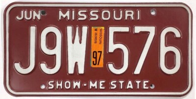 Missouri 1997 Maroon Show Me State License Plate J9W 576 in Very Good ...