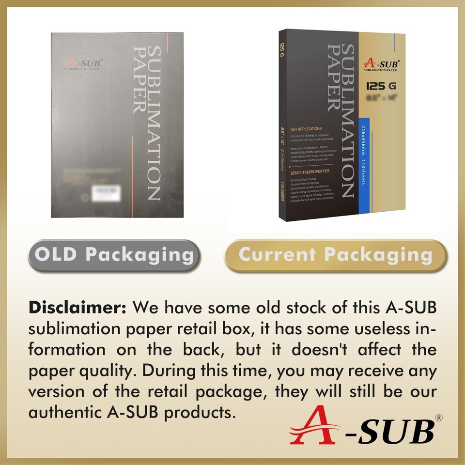 A-SUB Dye Sublimation Ink Paper 125g 13x19 110 Sheets for Inkjet Heat ...