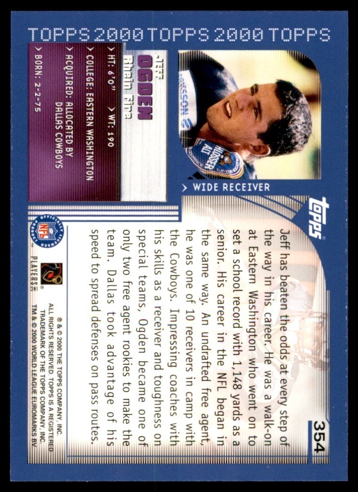 2000 TOPPS COLLECTION JEFF OGDEN RHEIN FIRE #354 | eBay
