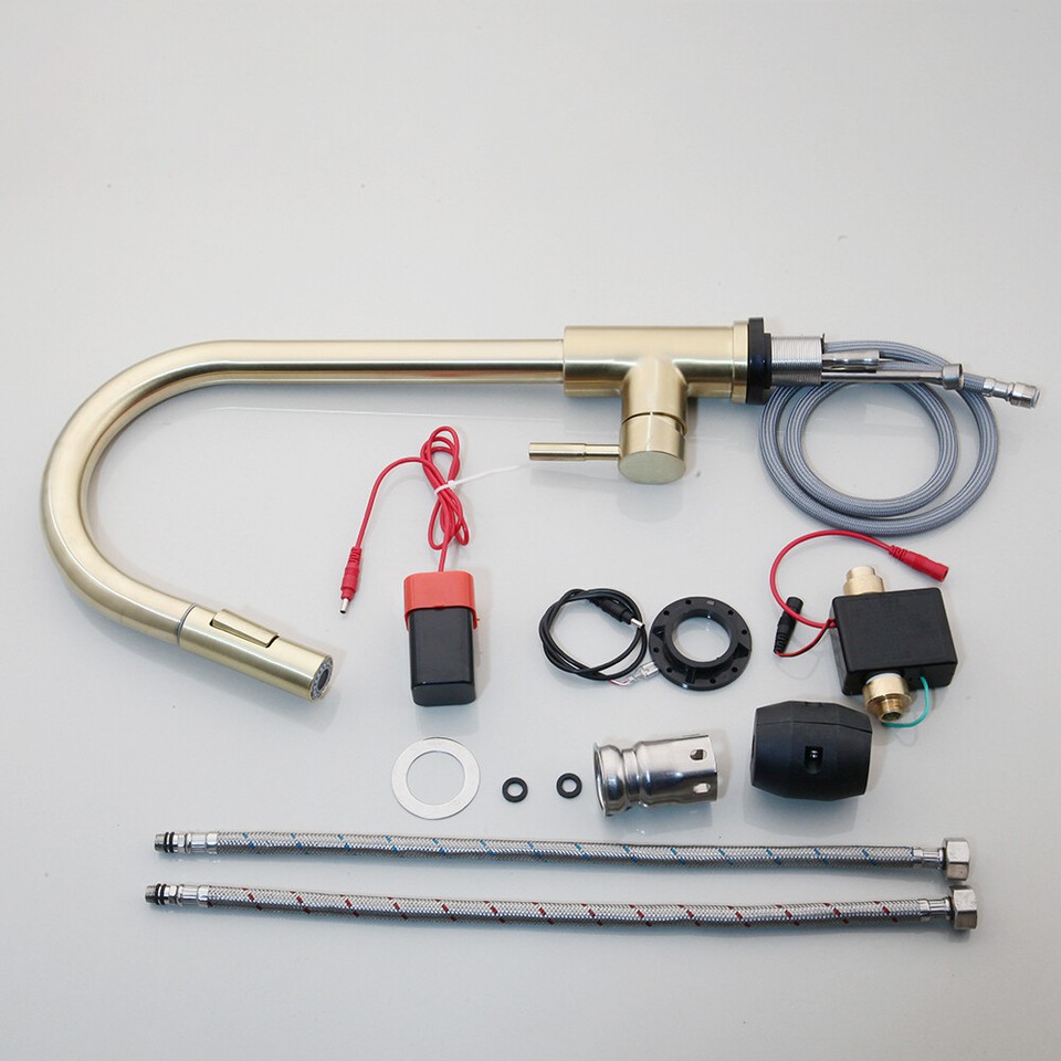 Brushed Gold Kitchen Sensor Faucet Pull Out Sprayer Mixer Deck Mounted ...