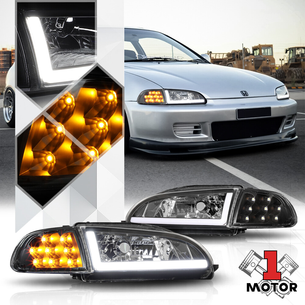 Black *LED CORNER SIGNAL+LIGHT BAR DRL* Headlight for 92-95 Honda Civic ...