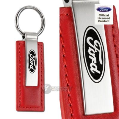 Ford Logo Authentic Red Leather Chrome Key Fob Keyring Keychain Lanyard ...