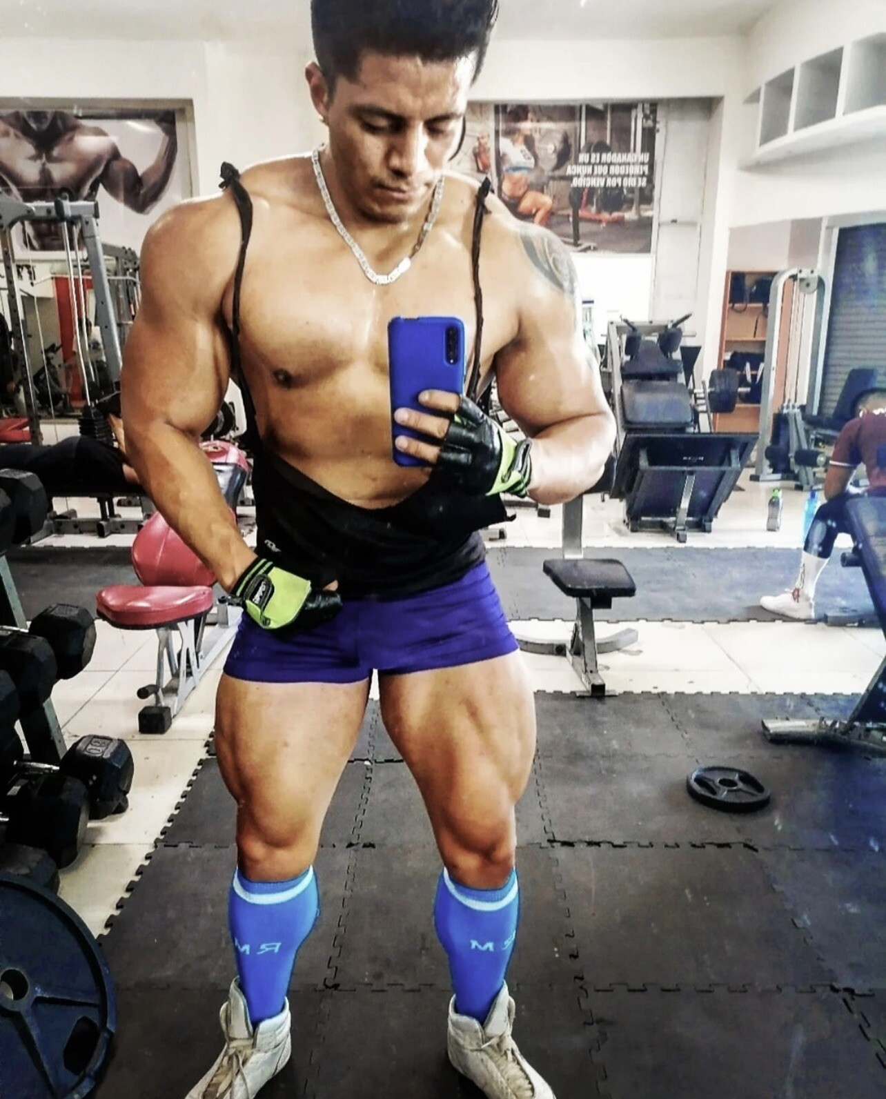 Mens Thin Blue Shiny Spandex Bodybuilding Compression… - Gem