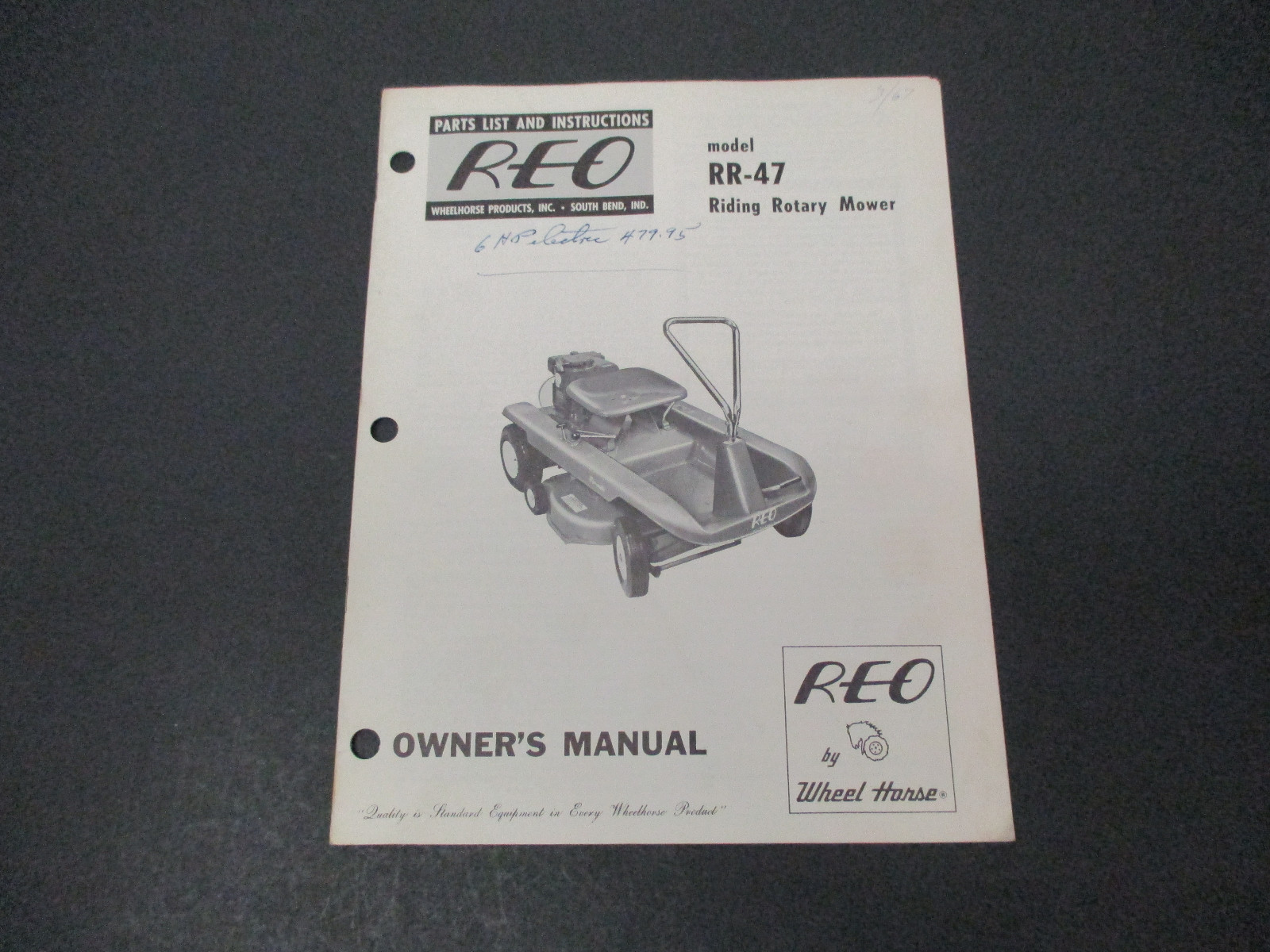 1967 REO Wheel Horse Riding Rotary Mower Owners Manual Model RR-47 M008 ...