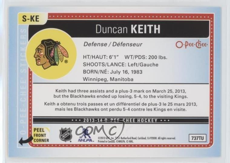 2013-14 O-Pee-Chee Stickers Duncan Keith #S-KE HOF | eBay