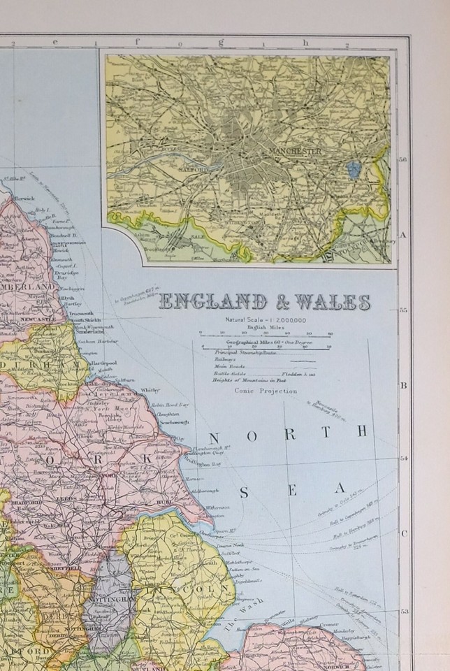 1923 MAP ENGLAND & WALES YORK DURHAM ESSEX MANCHESTER LONDON BIRMINGHAM ...