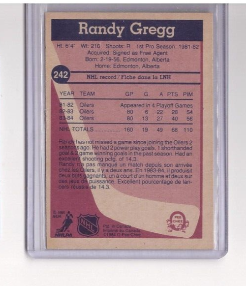 RANDY GREGG SIGNED 1984-85 O-PEE-CHEE OPC HOCKEY CARD #242 TTM ...