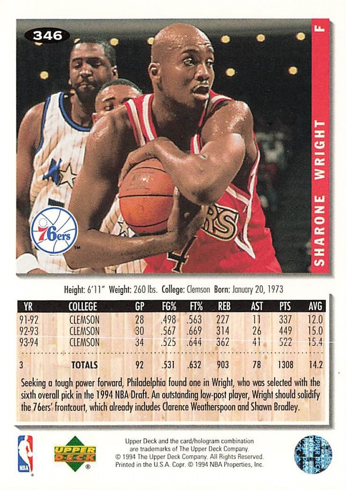 Sharone Wright 1994 Collector's Choice #346 Philadelphia 76ers | eBay