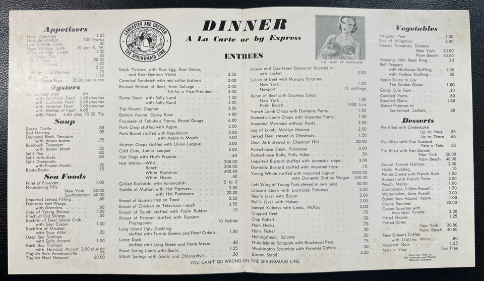 Vintage 1953 NOVELTY Dining Car Menu LANCASTER & CHESTER RAILWAY | eBay UK