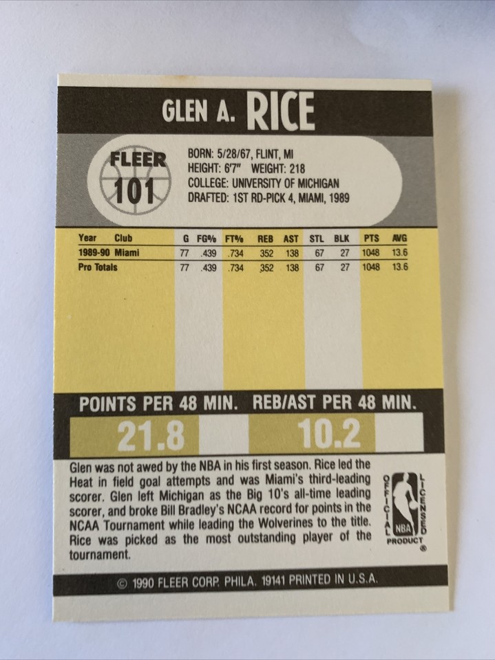 1990 Fleer Basketball Card #101 Glen Rice RC Rookie Miami Heats NmMt ...