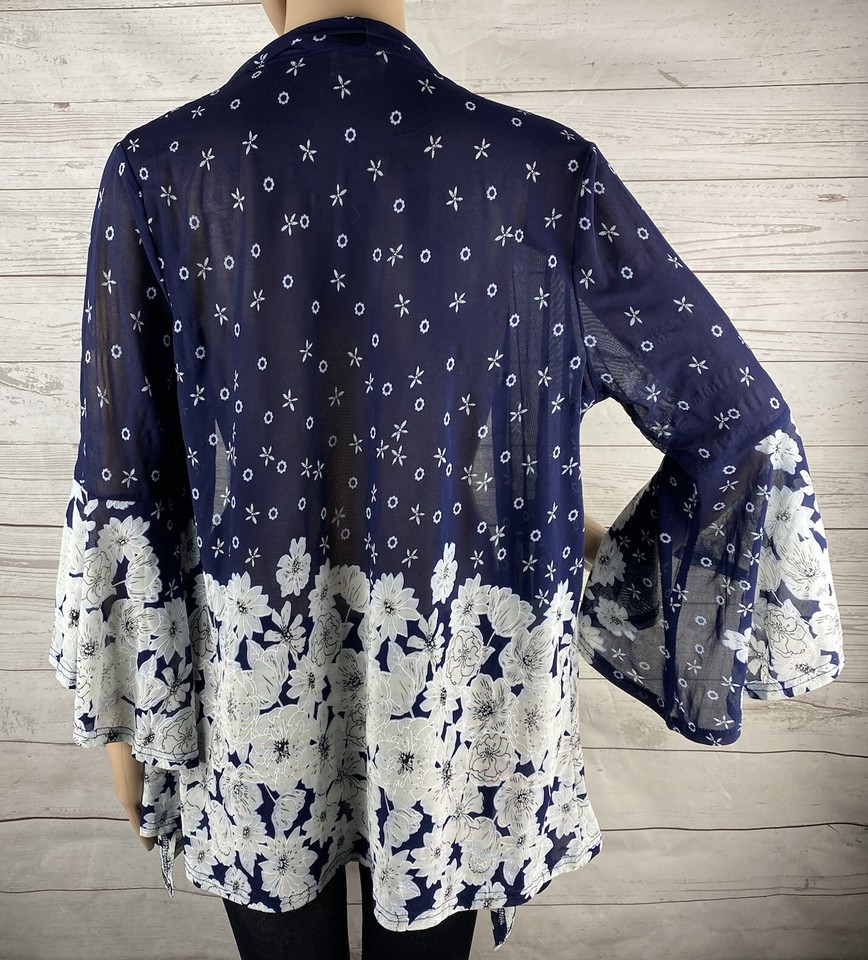 Ember Semi-Sheer Cover Up Medium Navy Blue White Floral Bell Sleeve ...