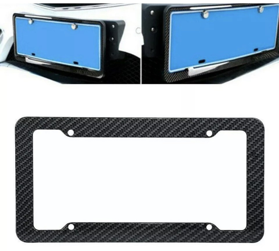 Black Car Carbon Fiber License Plate Frame Cover Front & Rear Universal ...