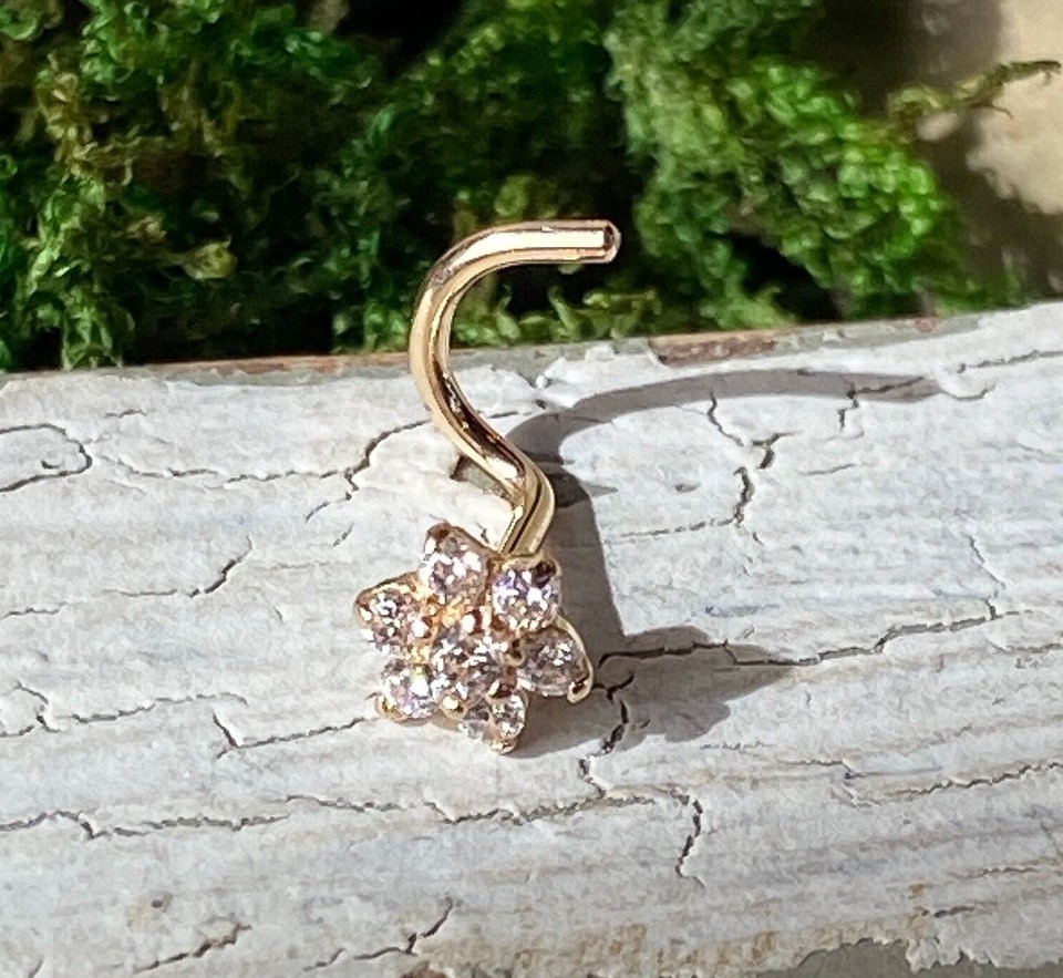 14kt Solid Gold Flower Nose Ring w/CZ Gems 20g 20 gauge stud screw bone ...