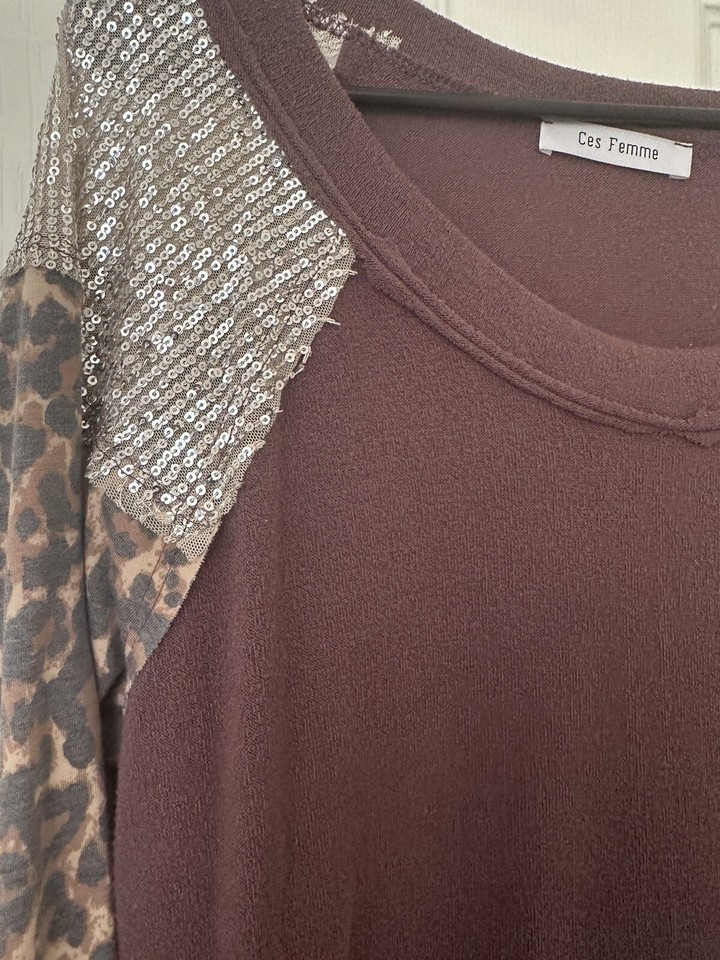 Ces Femme Purple Top Size Large Patchwork Animal Print Arms With ...