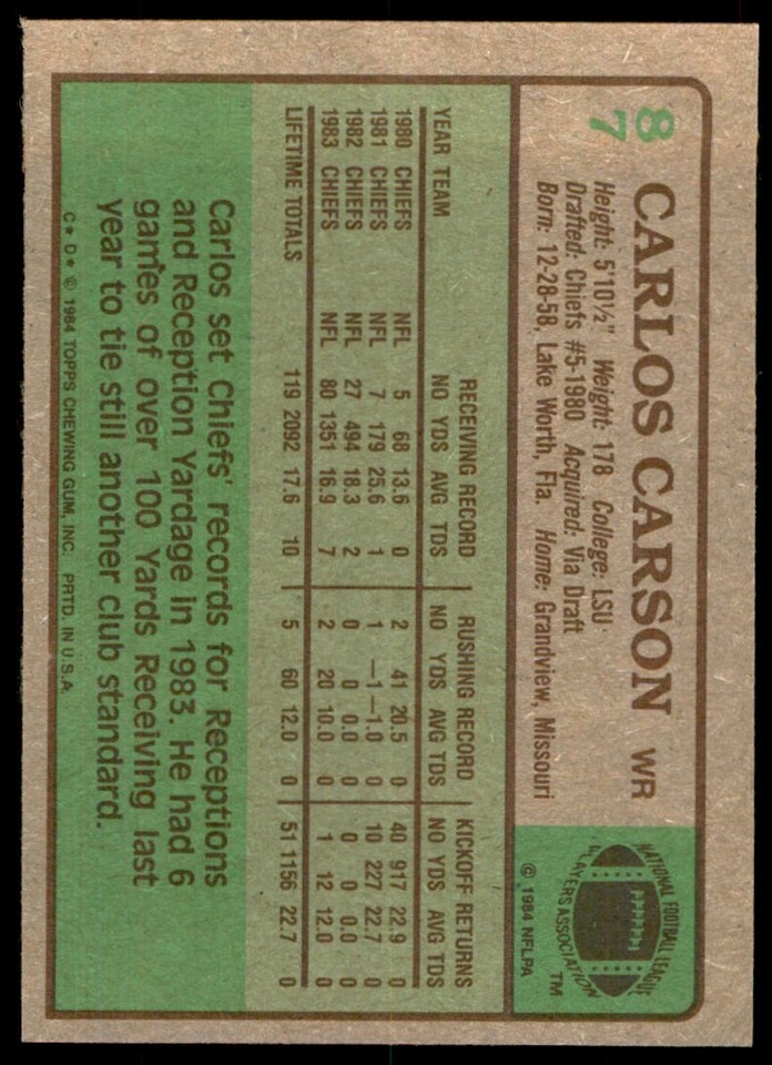 1984 TOPPS/ CARLOS CARSON KANSAS CITY CHIEFS #87 | eBay