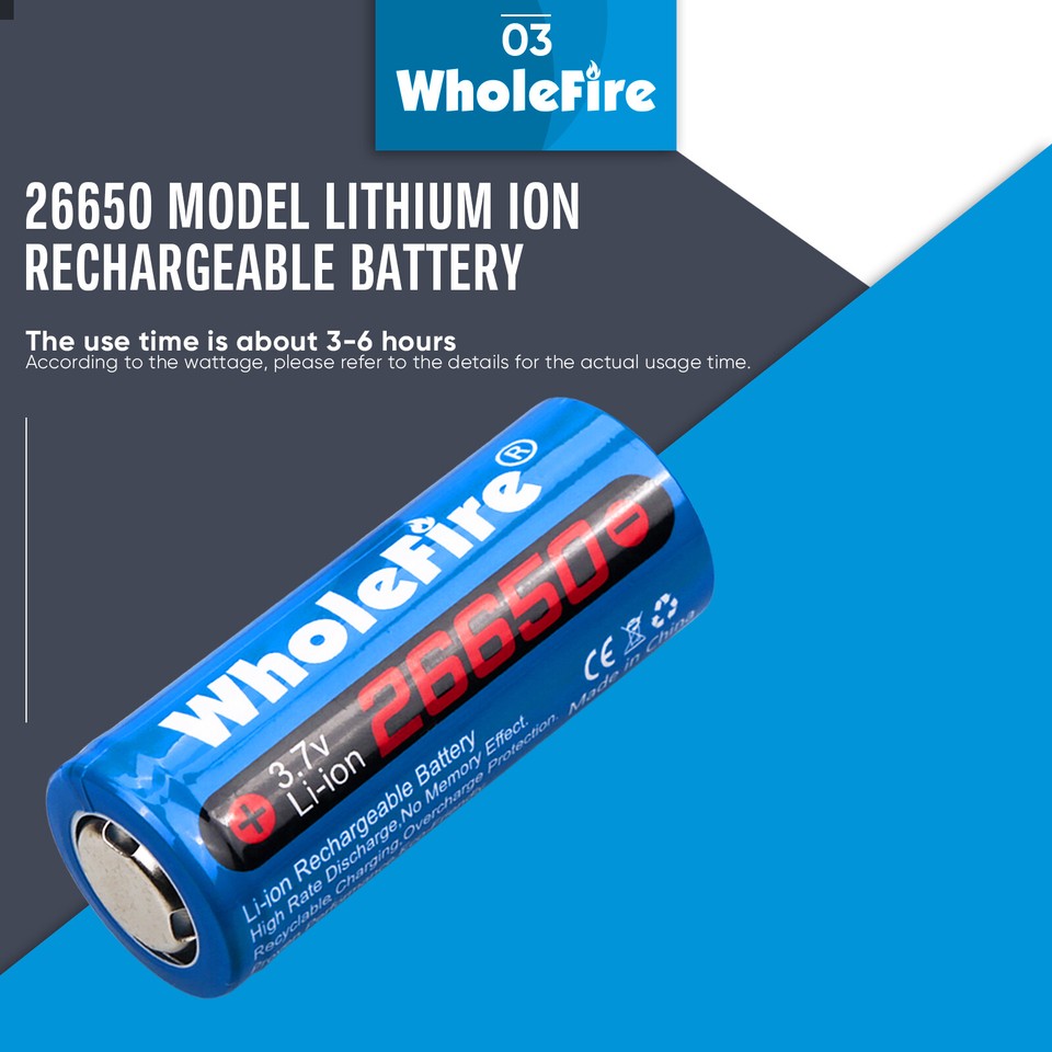 26650 Battery 3.7V Rechargeable Cell Batteries For Flashlight Headlamp ...