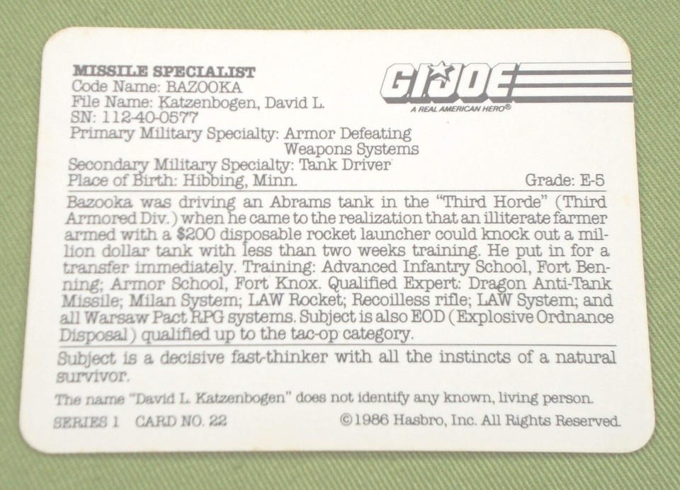 1986 GI Joe action trading card #22 BAZOOKA Milton Bradley Hasbro ARAH ...