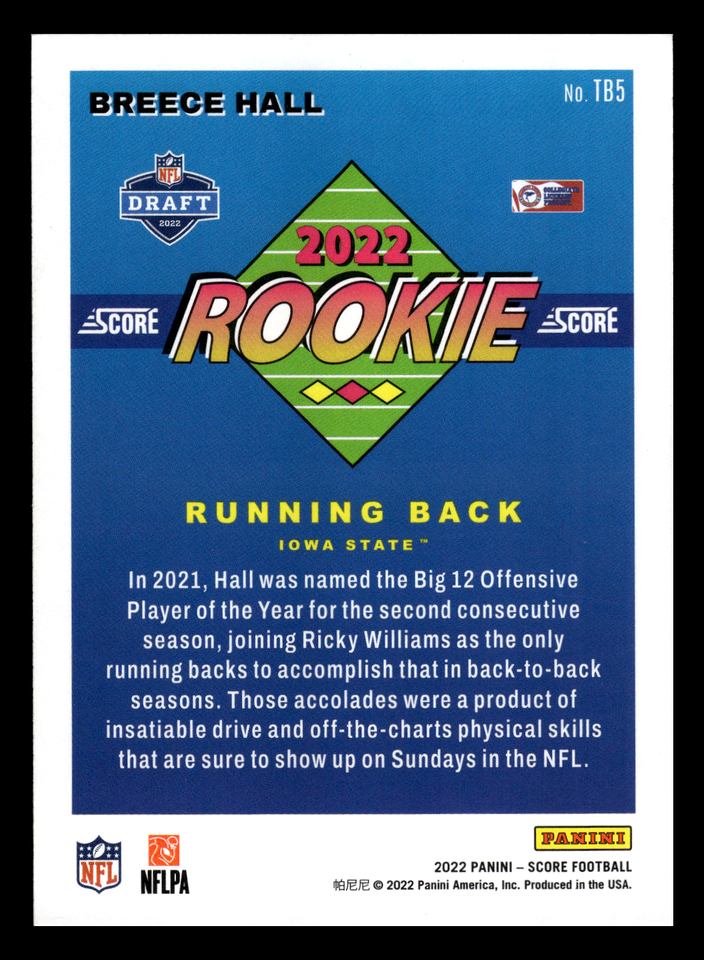 2022 Panini Score Breece Hall #TB5 Iowa State Cyclones 1992 Throwback ...