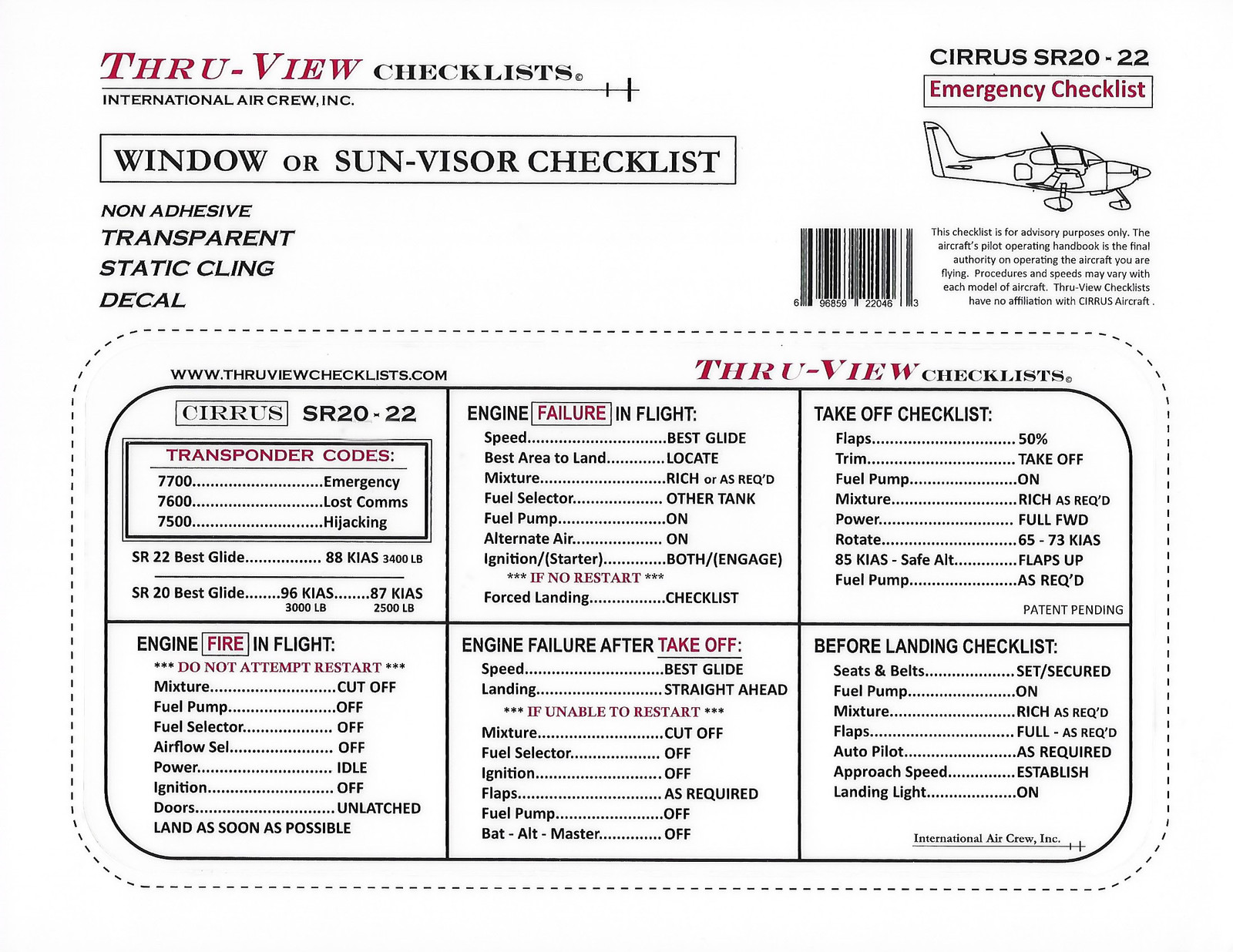 Thru-View Emergency Aviation Checklist - Cirrus SR22 / SR20 | eBay
