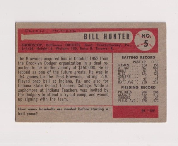 BILL HUNTER 1954 BOWMAN BASEBALL VINTAGE CARD #5 BALTIMORE ORIOLES ...